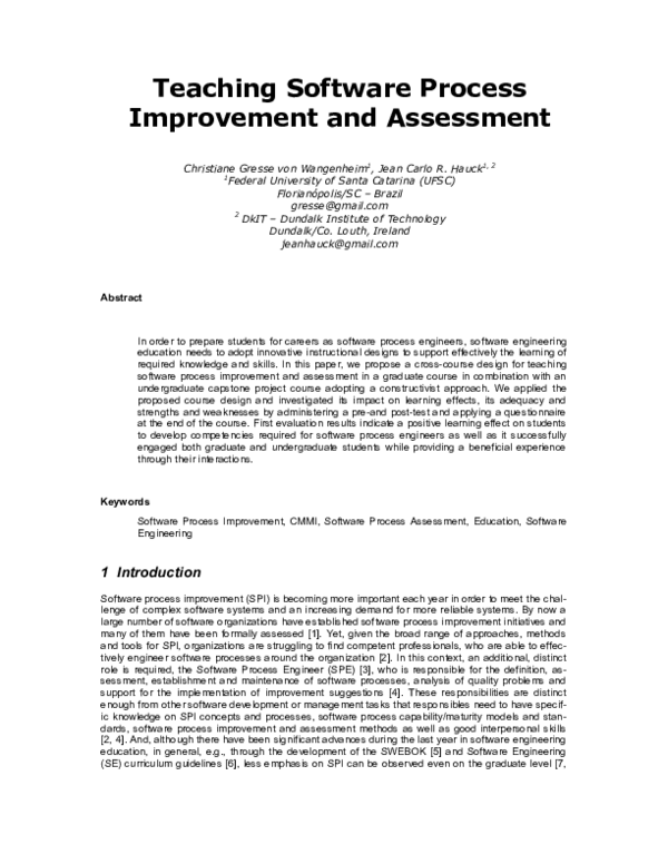 (PDF) Teaching Software Process Improvement and Assessment
