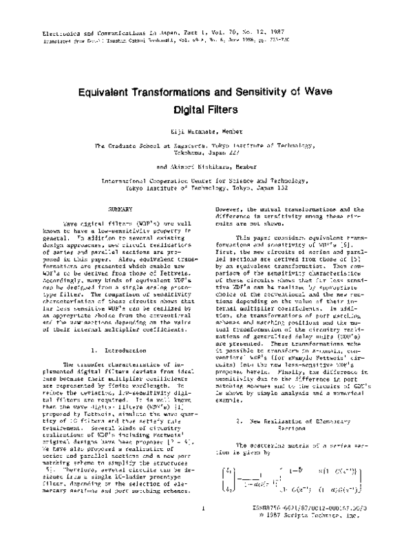 (PDF) Equivalent transformations and sensitivity of wave digital filters