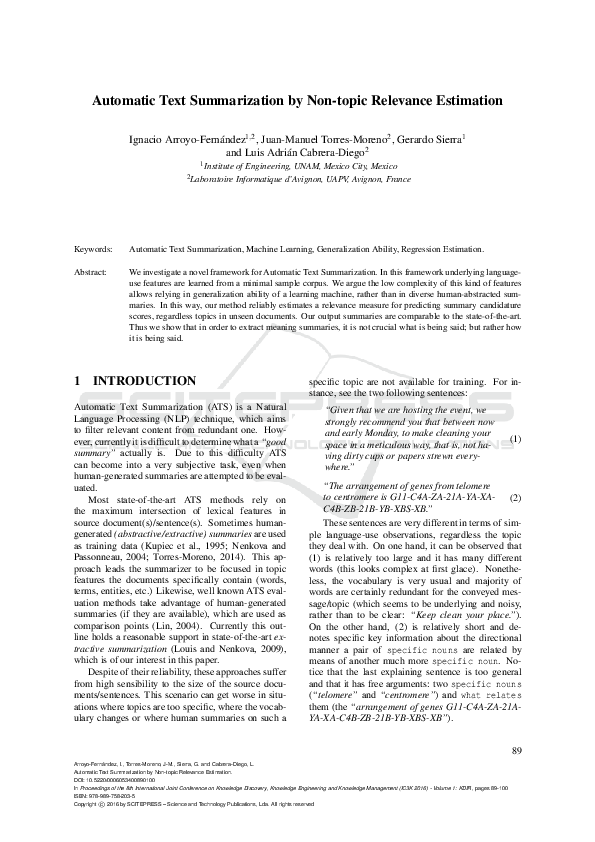 Pdf Automatic Text Summarization By Non Topic Relevance Estimation