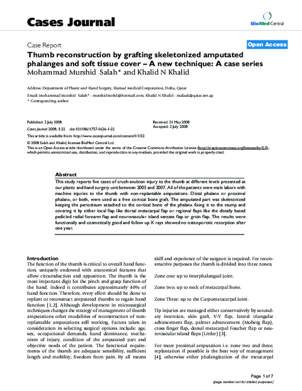(PDF) Thumb reconstruction by grafting skeletonized amputated phalanges ...