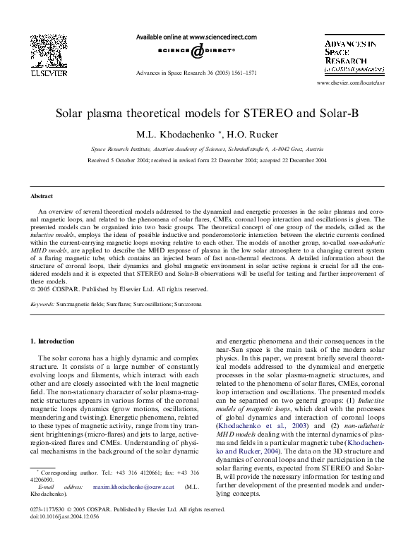 (PDF) Solar plasma theoretical models for STEREO and Solar-B