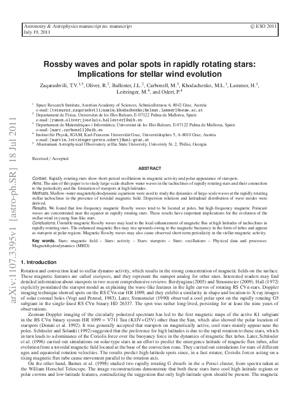 (PDF) Rossby waves and polar spots in rapidly rotating stars: implications for stellar wind ...