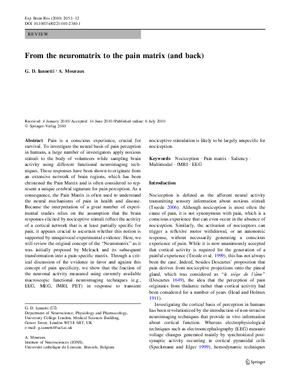 (PDF) From the neuromatrix to the pain matrix (and back)