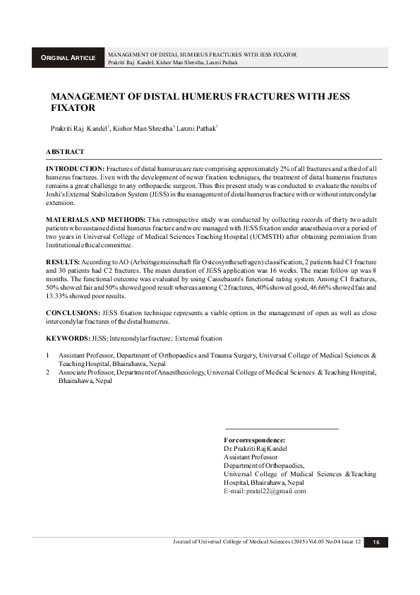(PDF) Management of Distal Humerus Fractures With Jess Fixator