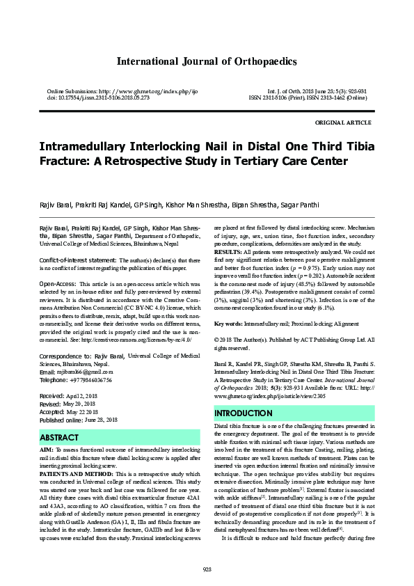 (PDF) Intramedullary Interlocking Nail in Distal One Third Tibia Fracture: A Retrospective Study ...