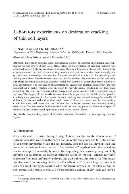 (PDF) Laboratory experiments on desiccation cracking of thin soil layers