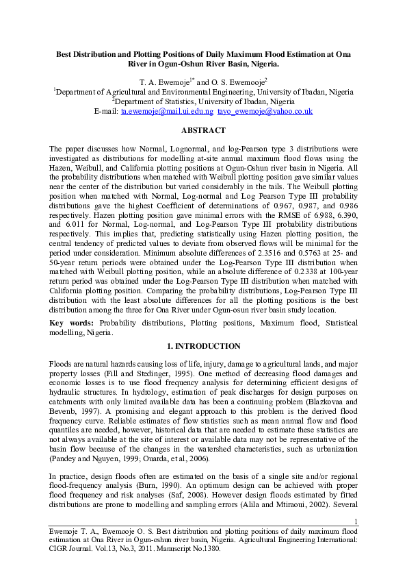 (PDF) Best Distribution and Plotting Positions of Daily Maximum Flood Estimation at Ona River in ...
