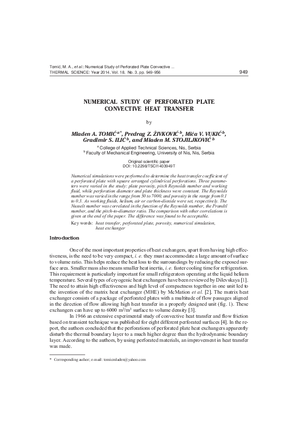 (PDF) Numerical study of perforated plate convective heat transfer