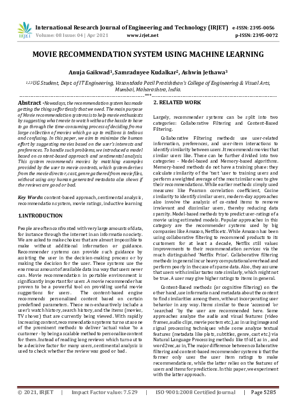 (PDF) IRJET- MOVIE RECOMMENDATION SYSTEM USING MACHINE LEARNING