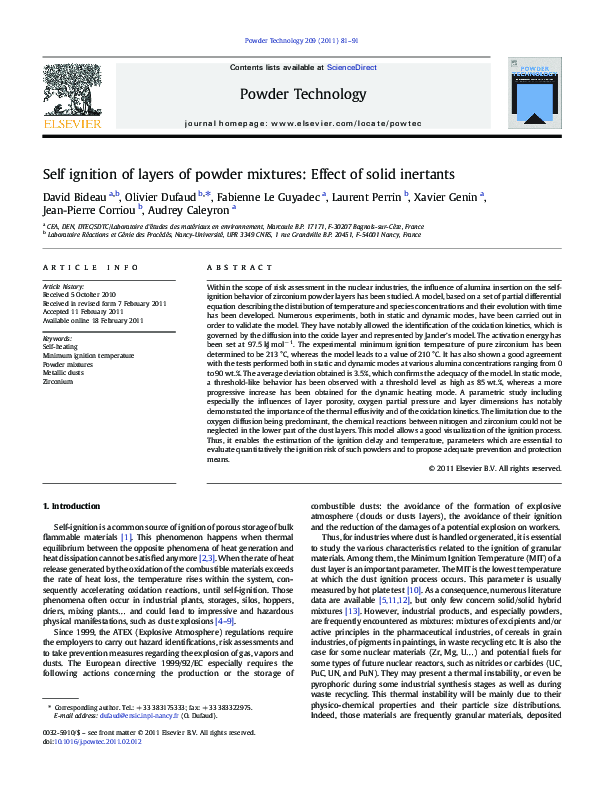 (PDF) Self ignition of layers of powder mixtures: Effect of solid inertants