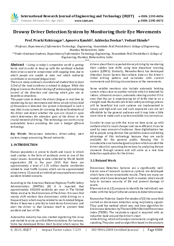 (PDF) Drowsy Driver Detection System by Monitoring their Eye Movements