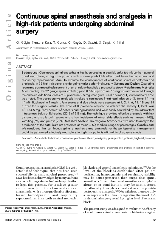 (PDF) Continuous spinal anaesthesia and analgesia in high-risk patients ...