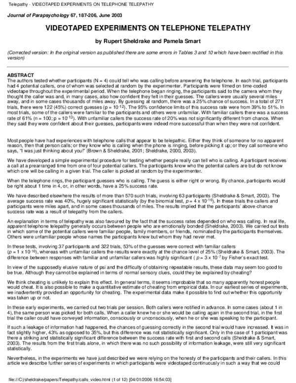 (PDF) Videotaped Experiments on Telephone Telepathy