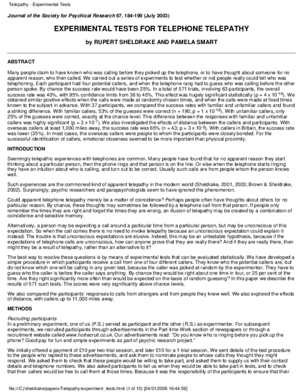 (PDF) Experimental Tests for Telephone Telepathy