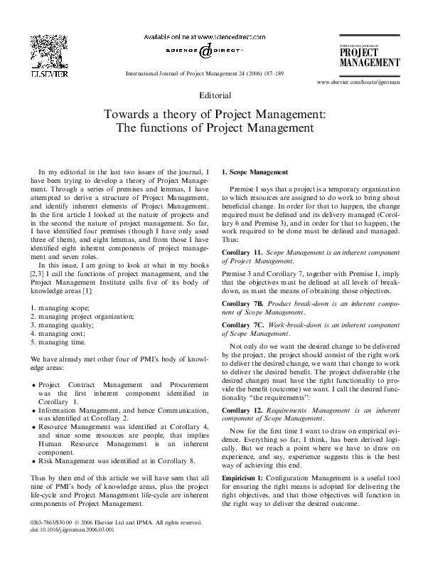 (PDF) Towards a theory of Project Management: The functions of Project ...