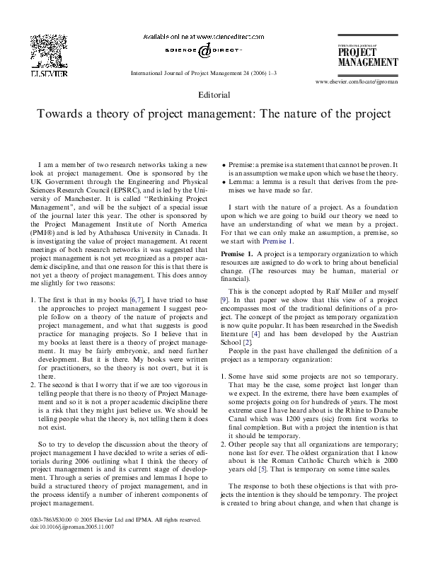 (PDF) Towards a theory of project management: The nature of the project