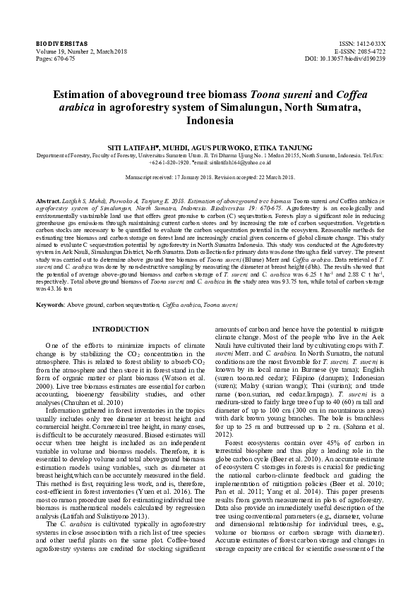 (PDF) Estimation of aboveground tree biomass Toona sureni and Coffea ...