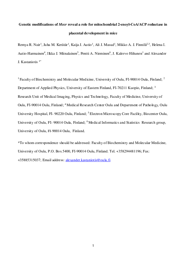(PDF) Genetic modifications of Mecr reveal a role for mitochondrial 2 ...