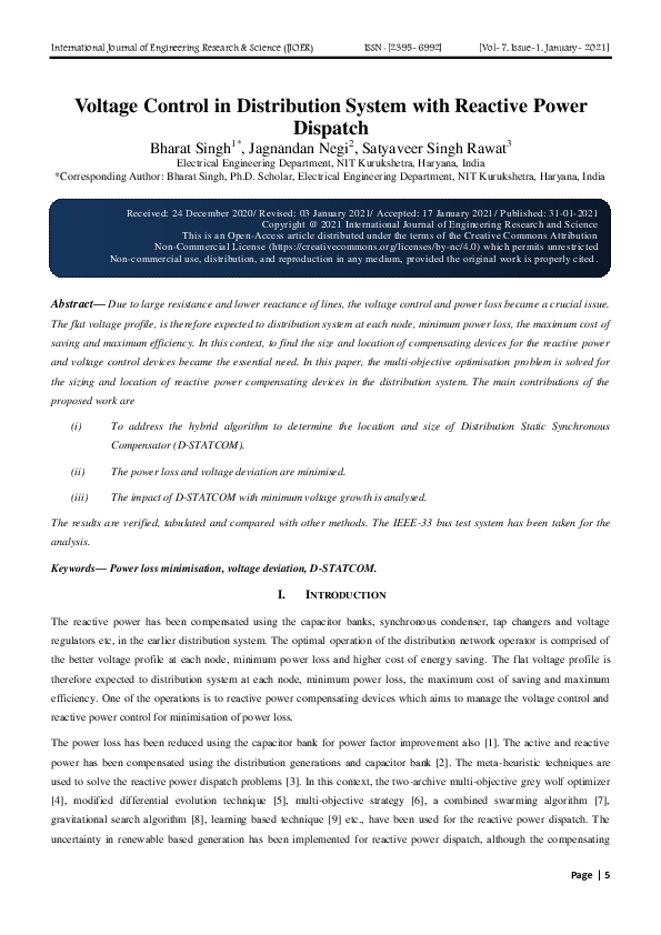 Pdf Voltage Control In Distribution System With Reactive Power Dispatch