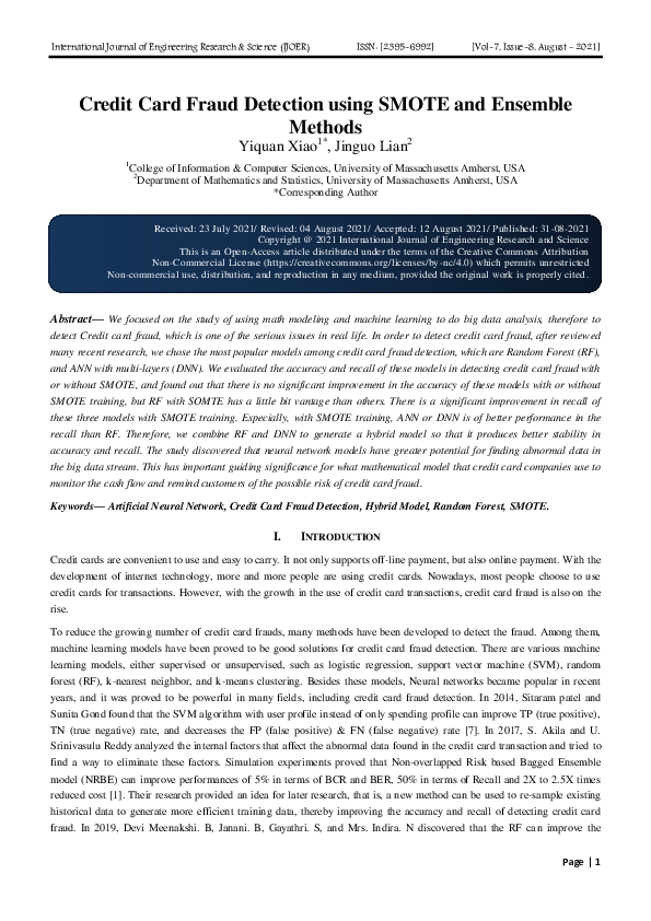 (PDF) Credit Card Fraud Detection using SMOTE and Ensemble Methods