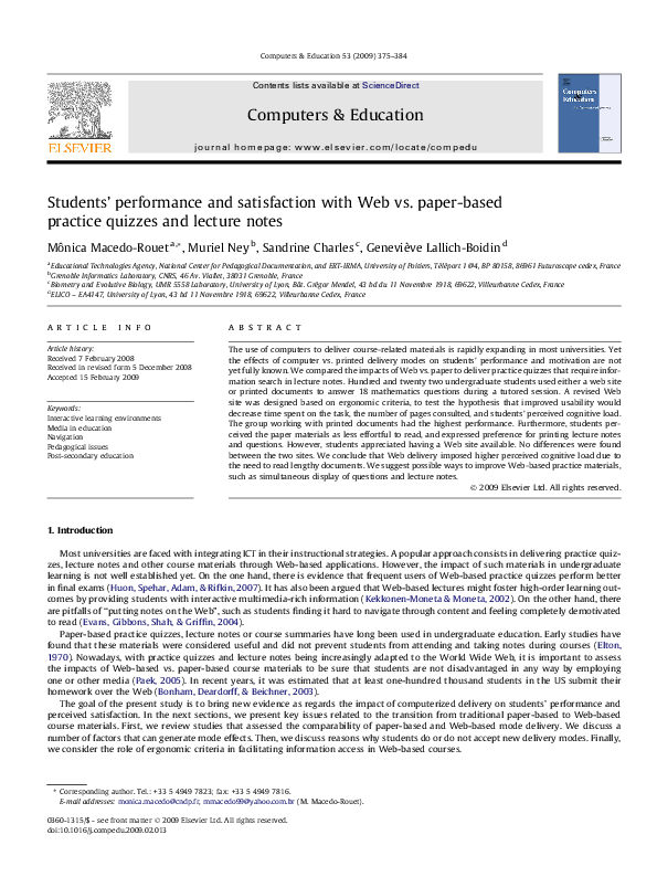 (PDF) Students’ performance and satisfaction with Web vs. paper-based ...