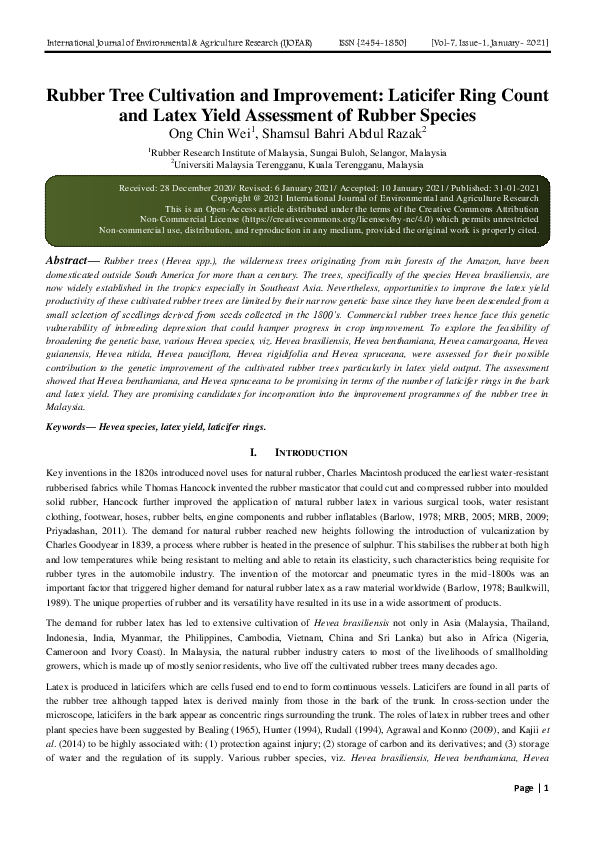 (PDF) Rubber Tree Cultivation and Improvement: Laticifer Ring Count and ...