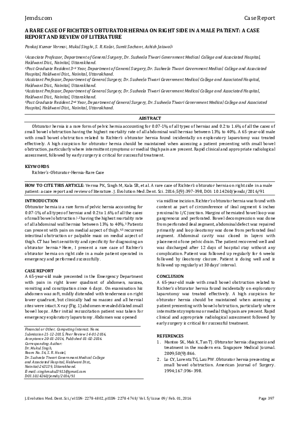 Pdf A Rare Case Of Richters Obturator Hernia On Right Side In A Male
