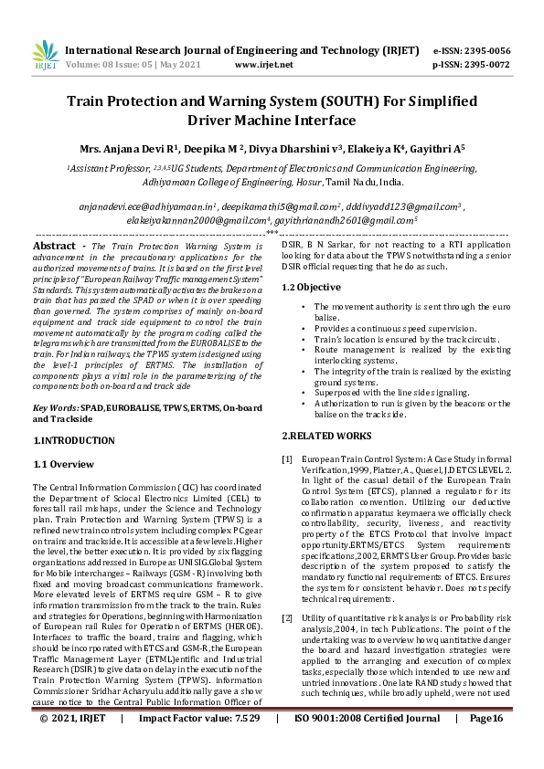 (PDF) IRJET- Train Protection and Warning System (SOUTH) For Simplified ...