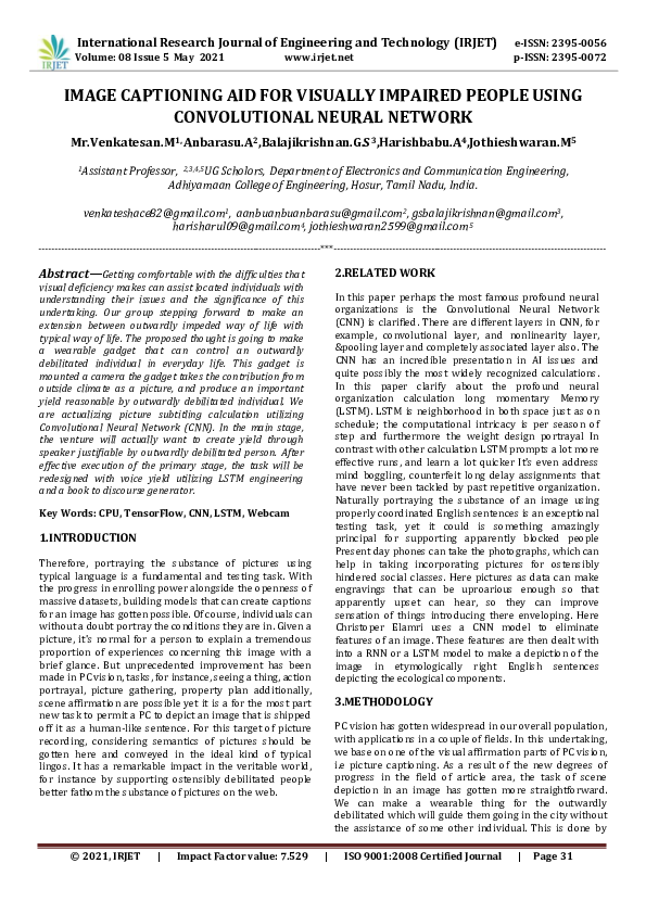 (PDF) IRJET-IMAGE CAPTIONING AID FOR VISUALLY IMPAIRED PEOPLE USING CONVOLUTIONAL NEURAL NETWORK