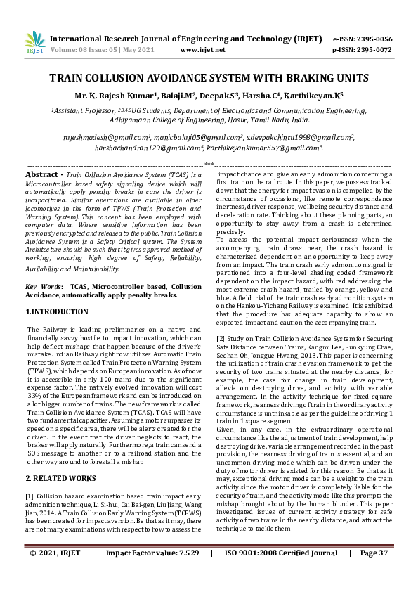 (PDF) IRJET- TRAIN COLLUSION AVOIDANCE SYSTEM WITH BRAKING UNITS
