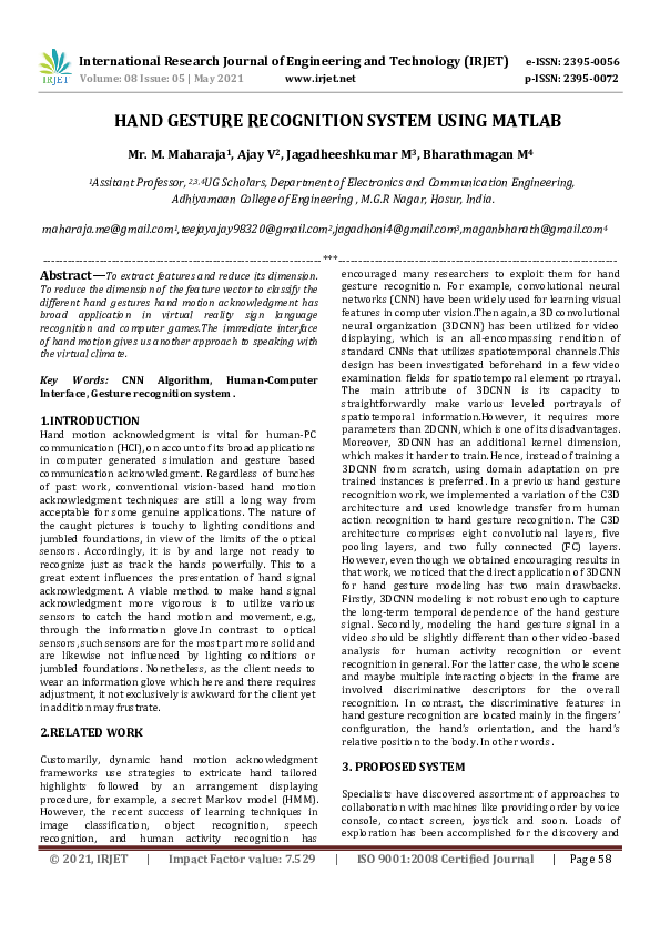 Pdf Irjet Hand Gesture Recognition System Using Matlab