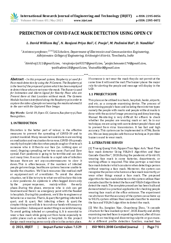 (PDF) IRJET- PREDICTION OF COVID FACE MASK DETECTION USING OPEN CV (PDF) IRJET- PREDICTION OF COVID FACE MASK DETECTION USING OPEN CV