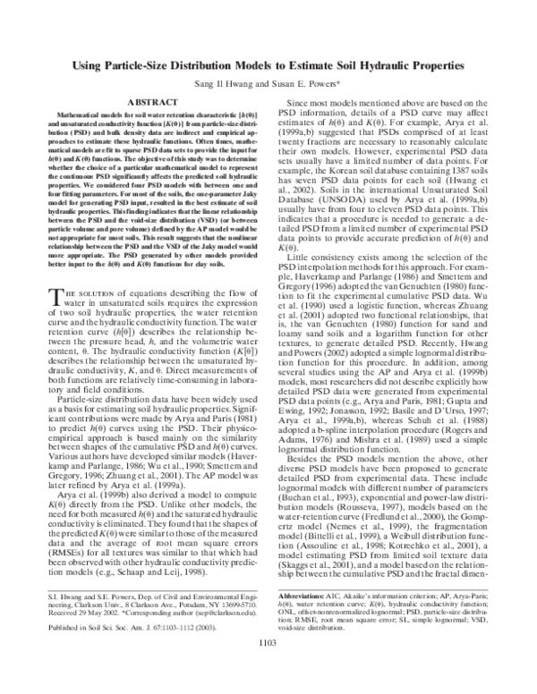 (PDF) Using Particle-Size Distribution Models to Estimate Soil Hydraulic Properties