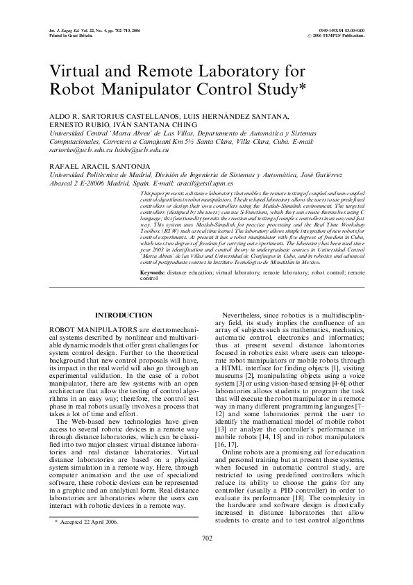 (PDF) Virtual and remote laboratory for robot manipulator control study | Aldo Castellanos and ...