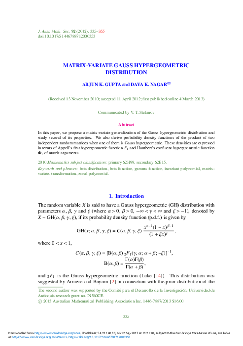 (PDF) Matrix-Variate Gauss Hypergeometric Distribution