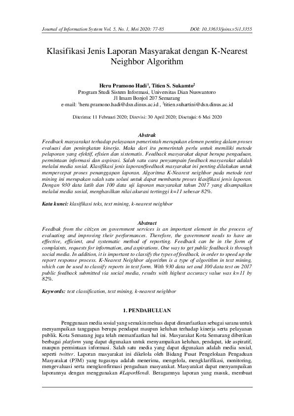 (PDF) Klasifikasi Jenis Laporan Masyarakat Dengan K-Nearest Neighbor ...