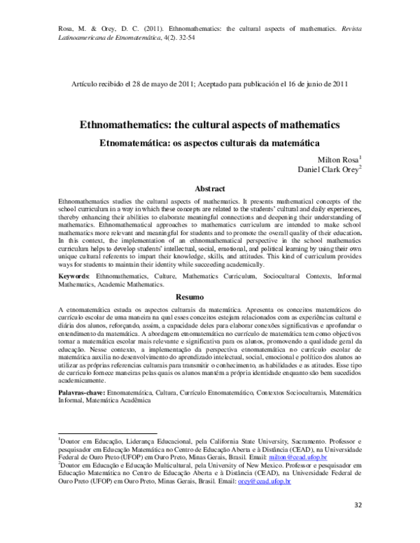 (PDF) Ethnomathematics: the cultural aspects of mathematics