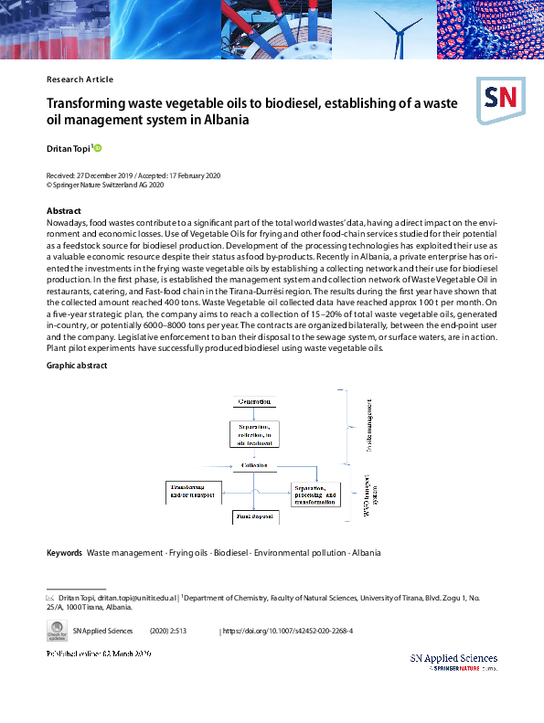 (PDF) Transforming waste vegetable oils to biodiesel, establishing of a ...