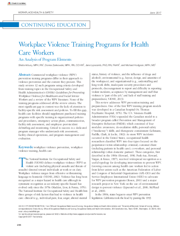 (PDF) Workplace Violence Training Programs for Health Care Workers: An ...