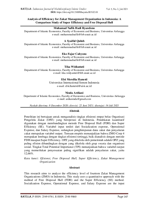 (PDF) Analysis of Efficiency for Zakat Management Organization in Indonesia: A Comparison Study ...