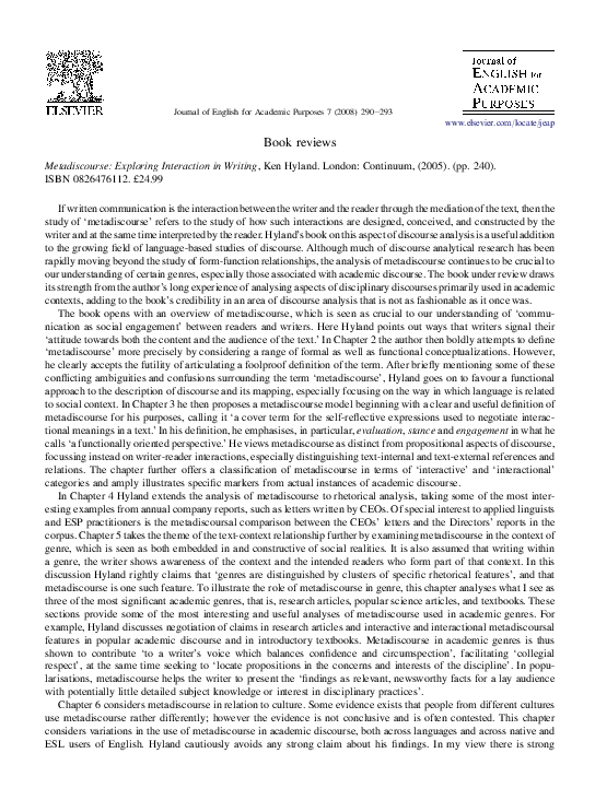 (PDF) Ken Hyland, ,Metadiscourse: Exploring Interaction in Writing ...