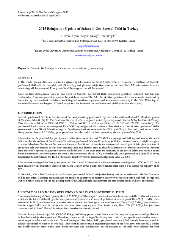 (PDF) 2015 Reinjection Update of Salavatli Geothermal Field in Turkey