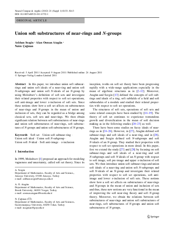 (PDF) Union soft substructures of near-rings and N-groups | akın osman atagün - Academia.edu