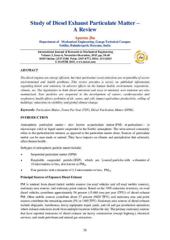 (PDF) Study of Diesel Exhaust Particulate Matter – A Review