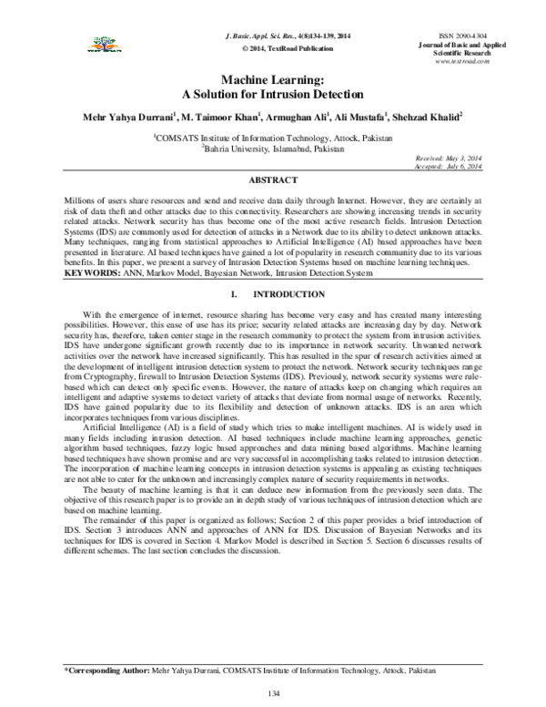 (PDF) Machine Learning: A Solution for Intrusion Detection