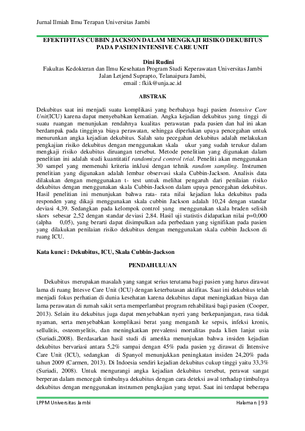 (PDF) Efektifitas Cubbin Jackson Dalam Mengkaji Risiko Dekubitus Pada ...