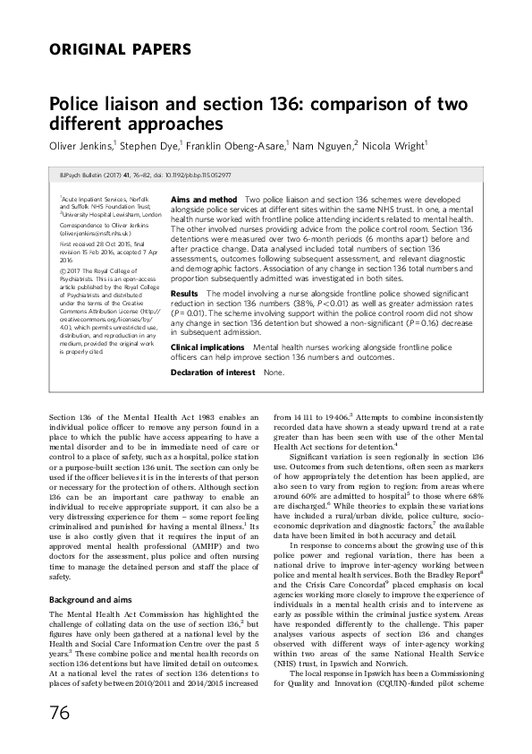 (PDF) Police liaison and section 136: comparison of two different ...