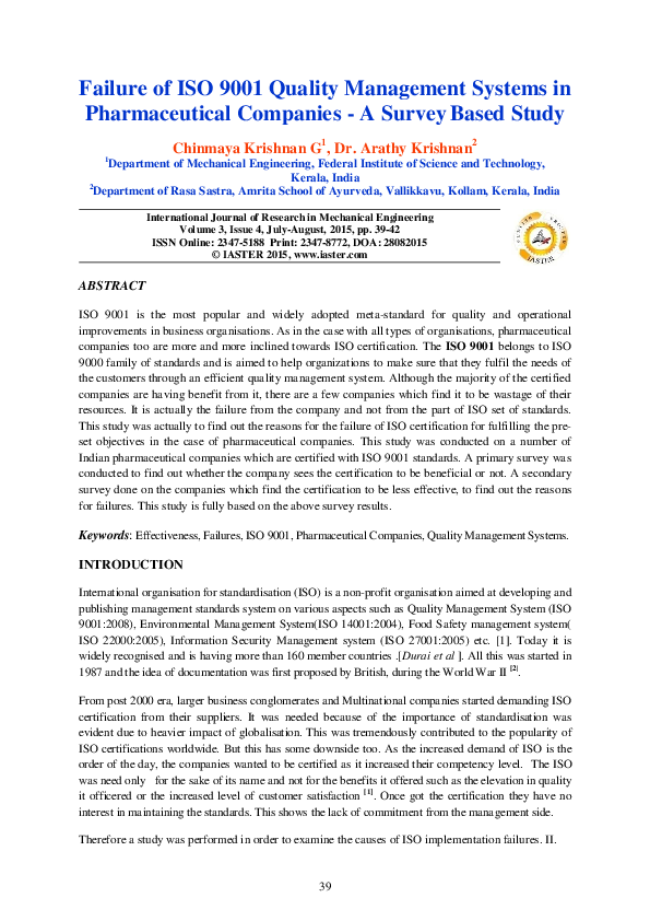 (PDF) Failure of ISO 9001 Quality Management Systems in Pharmaceutical ...
