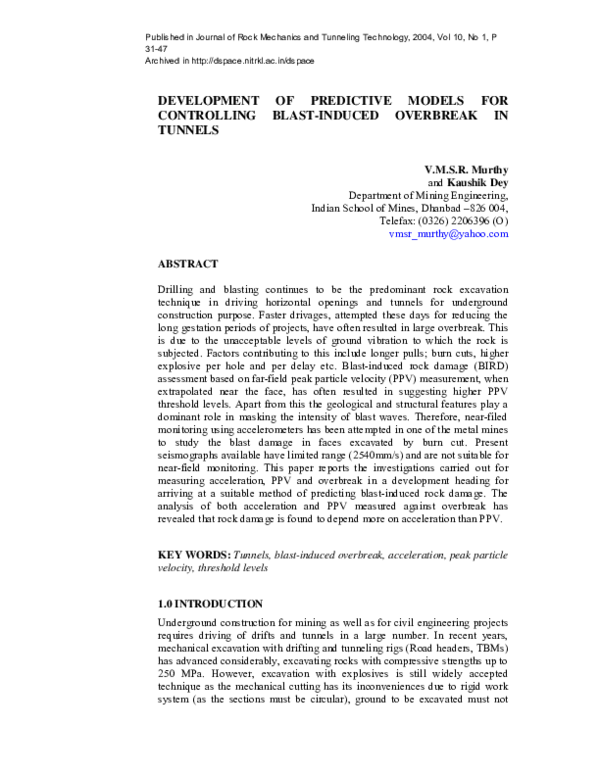 (PDF) Development of Predictive Models for controlling Blast Induced Overbreak in Tunnels