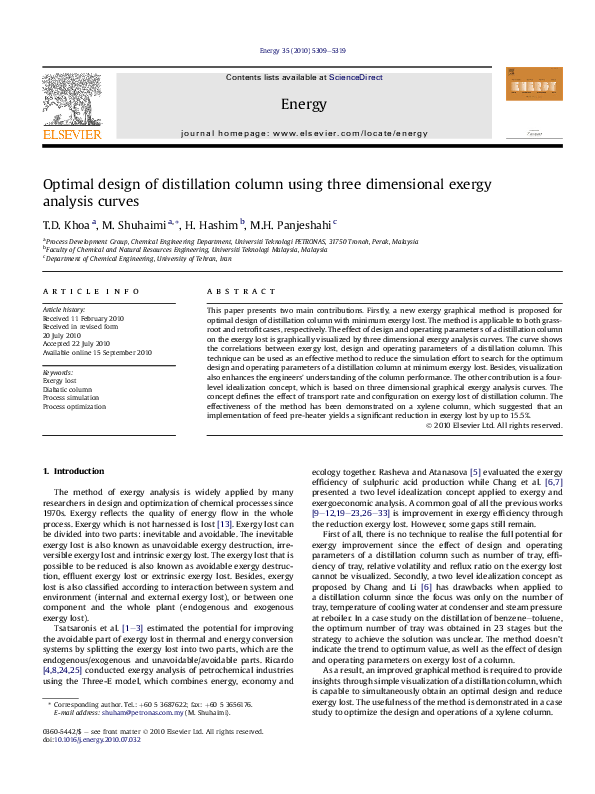 (PDF) Optimal design of distillation column using three dimensional exergy analysis curves